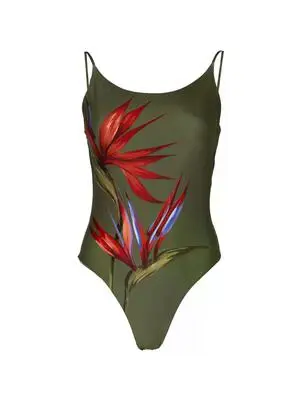 Farm Rio Floral Print Spaghetti Strap Swimsuit - Green