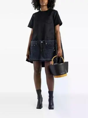Sacai Hybrid Denim Pleated Asymmetric Dress - Black