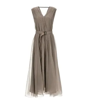 Brunello Cucinelli Pleated V-neck Silk Maxi Dress - Gray