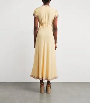 Rixo Marlice Silk Midi Dress With Lace Trim And Bow Detail - Yellow