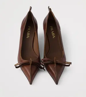 Prada Antiqued Leather Kitten Heel Pumps With Bow Detailing - Brown