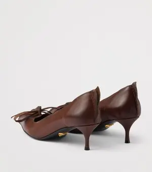 Prada Antiqued Leather Kitten Heel Pumps With Bow Detailing - Brown
