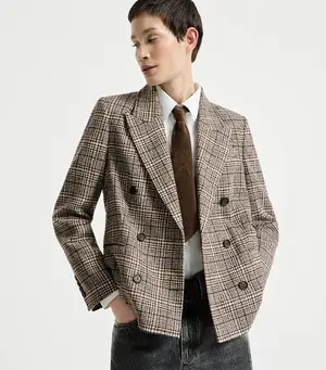 Brunello Cucinelli Alpaca-blend Checked Double-breasted Blazer - Beige