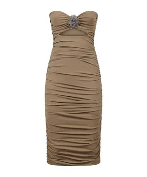 Amen Pleated Sweetheart Neckline Dress With Embellished Flower