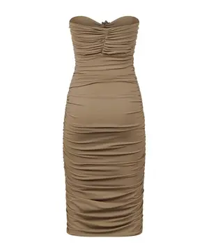 Amen Pleated Sweetheart Neckline Dress With Embellished Flower