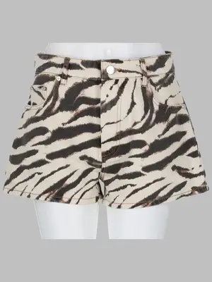 GANNI Zebra Printed Denim Shorts - Egret Color