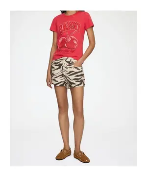 GANNI Zebra Printed Denim Shorts - Egret Color