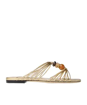 JIMMY CHOO Lova Beaded Metallic Leather Slide Sandals - Gold