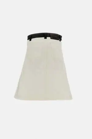 WALES BONNER Cotton Denim Flared Midi Skirt With Leather Waist Detail
