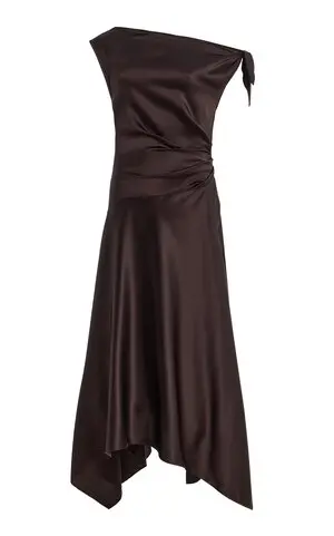 Staud Portia Silk-blend One-shoulder Midi Dress - Brown