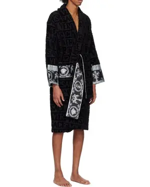 Versace Barocco Detail Shawl Collar Robe - Black