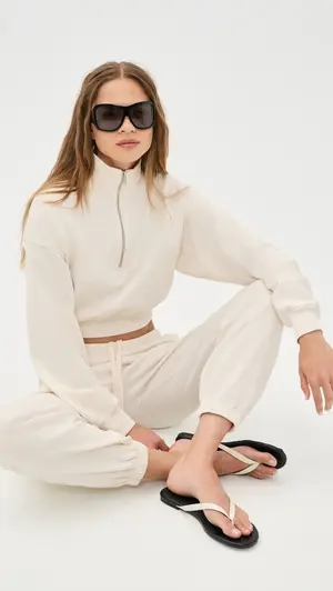 Eterne Cropped Half-zip Sweatshirt With Embroidered Logo - Bone
