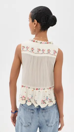 Free People Ellis Blouse Embroidered Striped V-neck Sleeveless Top
