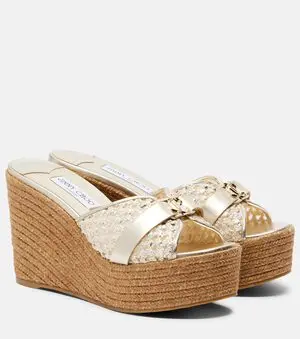 JIMMY CHOO Leda Raffia-trimmed Leather Wedge Espadrilles