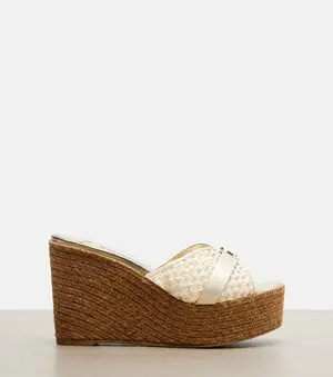 JIMMY CHOO Leda Raffia-trimmed Leather Wedge Espadrilles