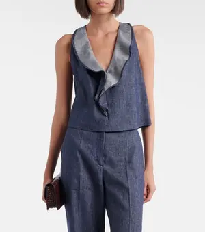 Dorothee Schumacher Fluid Denim Ruffled Crop Top