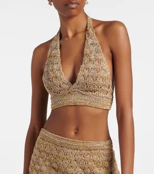 Valentino Garavani Open-knit Linen-blend Lamé Crop Top