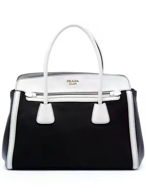 Prada Bicolor Saffiano Leather Trimmed Canvas Satchel - Black