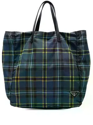 Prada Tessuto Stampato Plaid Tote Bag - Blue