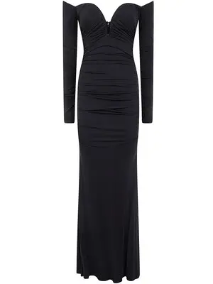 Elisabetta Franchi Long Ruched V-neck Dress - Black