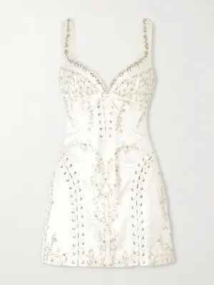CLIO PEPPIATT Embellished Lace-up Satin Mini Dress - White