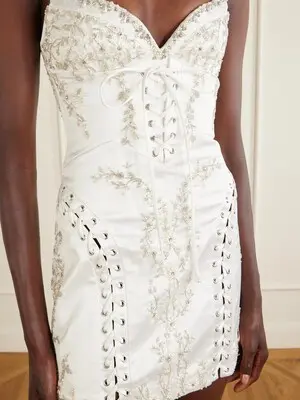 CLIO PEPPIATT Embellished Lace-up Satin Mini Dress - White