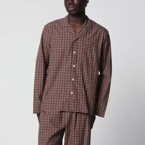 TEKLA Serra-colored Cotton Pajama Shirt With Check Pattern - Brown