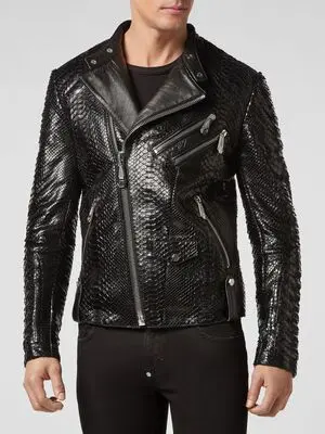 Philipp Plein Leather Biker Jacket With Embellished Graphic Back