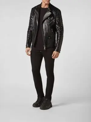 Philipp Plein Leather Biker Jacket With Embellished Graphic Back