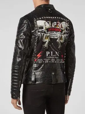 Philipp Plein Leather Biker Jacket With Embellished Graphic Back