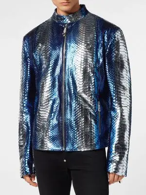Philipp Plein Philipp Plein Metallic Snakeskin Effect Zip Jacket Turquoise