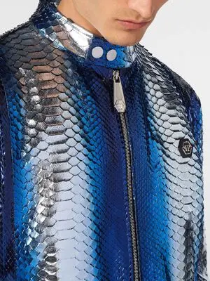 Philipp Plein Metallic Snakeskin Effect Zip Jacket - Turquoise