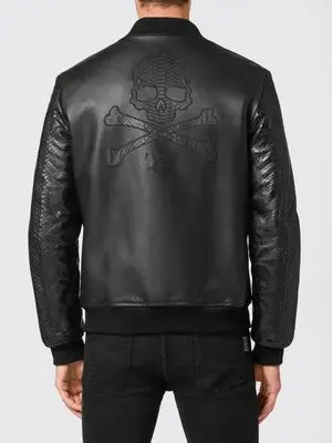 Philipp Plein Leather Bomber Jacket With Skull Detail