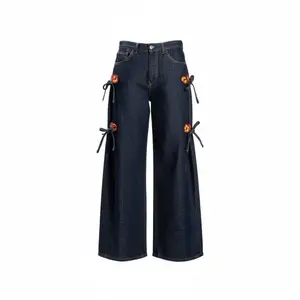UP-FUSE Dark Denim Wide-leg Pants With Floral Embroidery And Tie Details