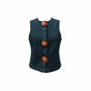UP-FUSE Denim Sleeveless Vest With Crochet Flower Closures