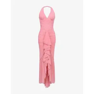 House Of Cb Carmine Halterneck Stretch-mesh Maxi Dress - Raspberry