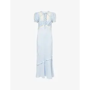 SELF-PORTRAIT Puff Sleeve Lace Insert Satin Midi Dress - Blue