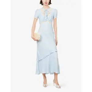 SELF-PORTRAIT Puff Sleeve Lace Insert Satin Midi Dress