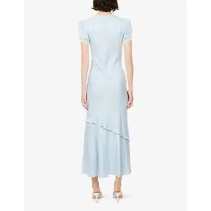 SELF-PORTRAIT Puff Sleeve Lace Insert Satin Midi Dress