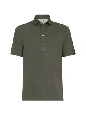 Brunello Cucinelli Virgin Wool, Silk And Cotton Piqué Polo Shirt With Spread Collar - Green