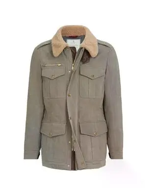 Brunello Cucinelli Waxed Techno Cotton Safari Jacket With Shearling Collar - Grey