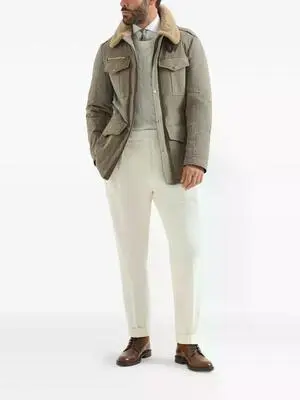 Brunello Cucinelli Waxed Techno Cotton Safari Jacket With Shearling Collar - Grey
