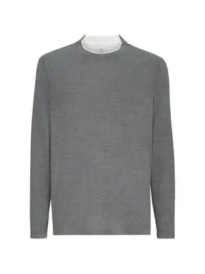 Brunello Cucinelli Silk And Cotton Lightweight Jersey Long Sleeve Crew Neck T-shirt With Contrast Detail - Grey