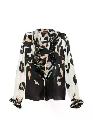 Roberto Cavalli 2000s Animal Print Ruffled Blouse - Black