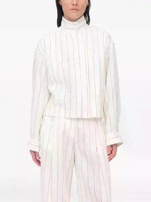 Another Tomorrow Striped High-neck Linen Top
