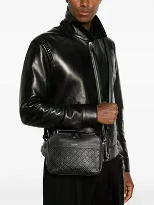FERRAGAMO Gancini Embossed Leather Messenger Bag - Black