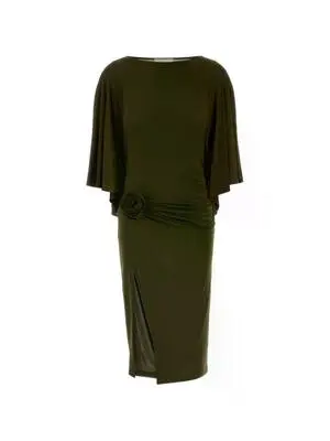 Blumarine Midi Dress With Cape Sleeves And Rosette Detail - Green