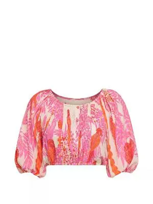 Poupette St Barth Cotton Palm-leaf Print Puff-sleeve Top