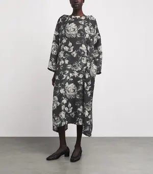 Eskandar Linen Floral Scoop Neck Midi Dress
