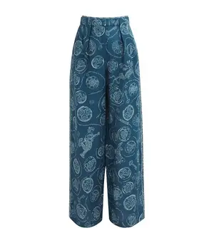 ALEMAIS Printed Wide Leg Linen Trousers - Blue